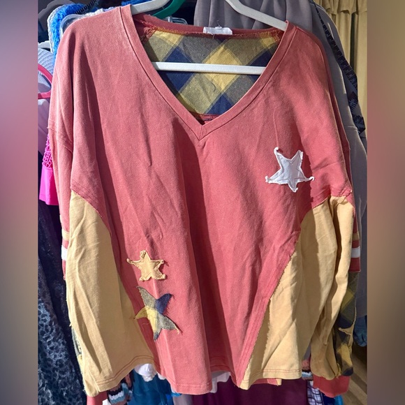 easel | Tops | Easel Star Patch Sweatshirt In Red And Yellow | Poshmark